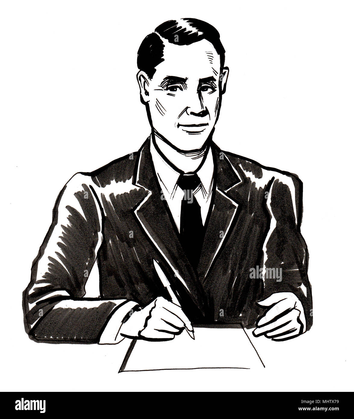 Man in suit writing. Ink black and white illustration Stock Photo - Alamy