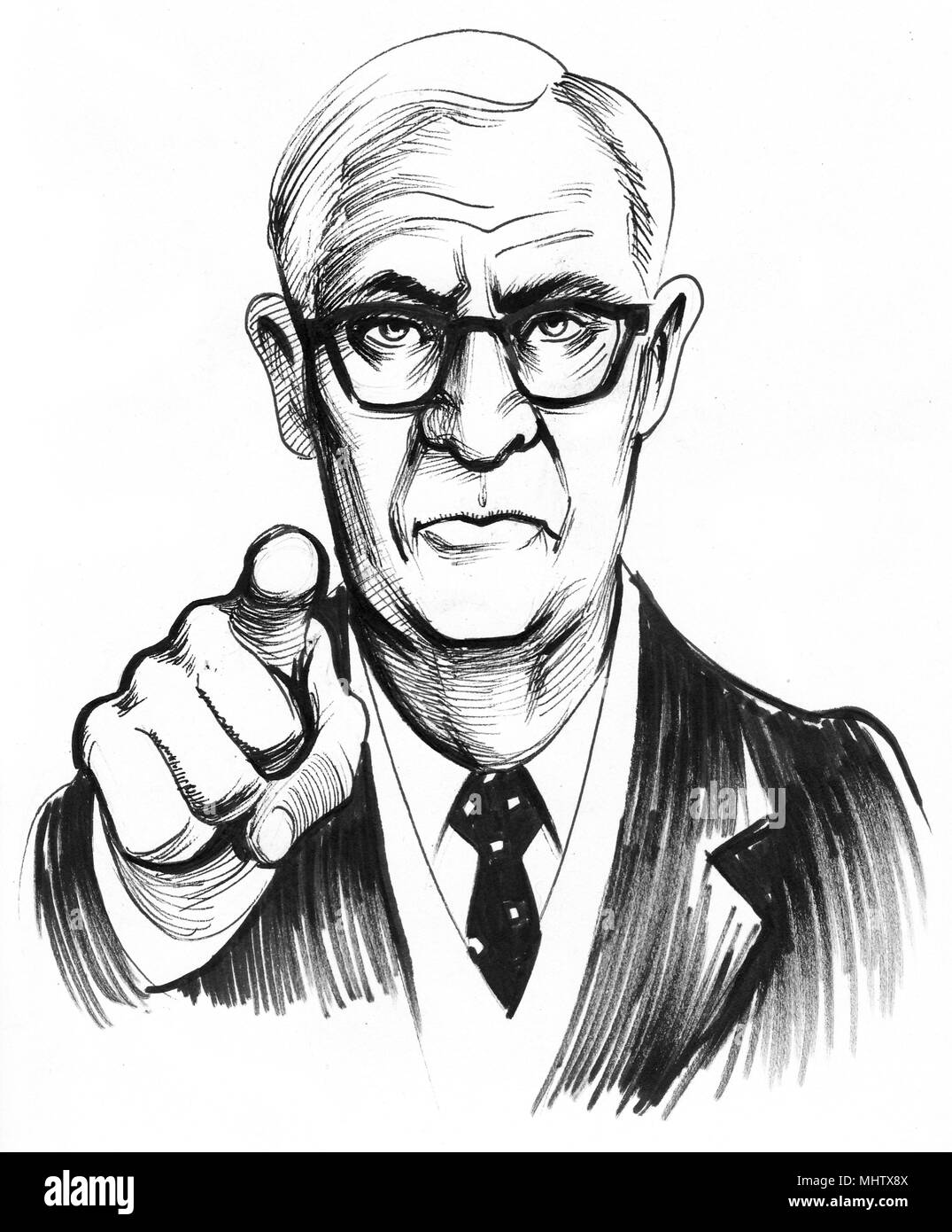 Strict Man Pointing At Viewer Ink Black And White Illustration Stock