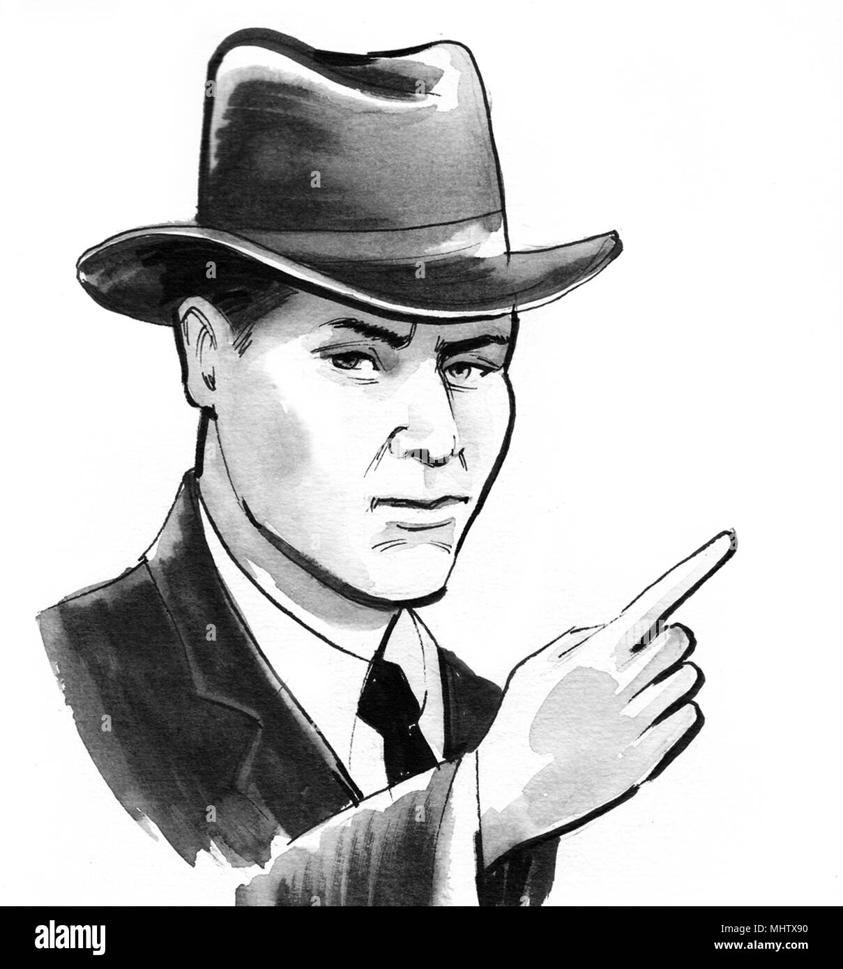 Handsome man in suit and hat pointing up. Ink black and white ...