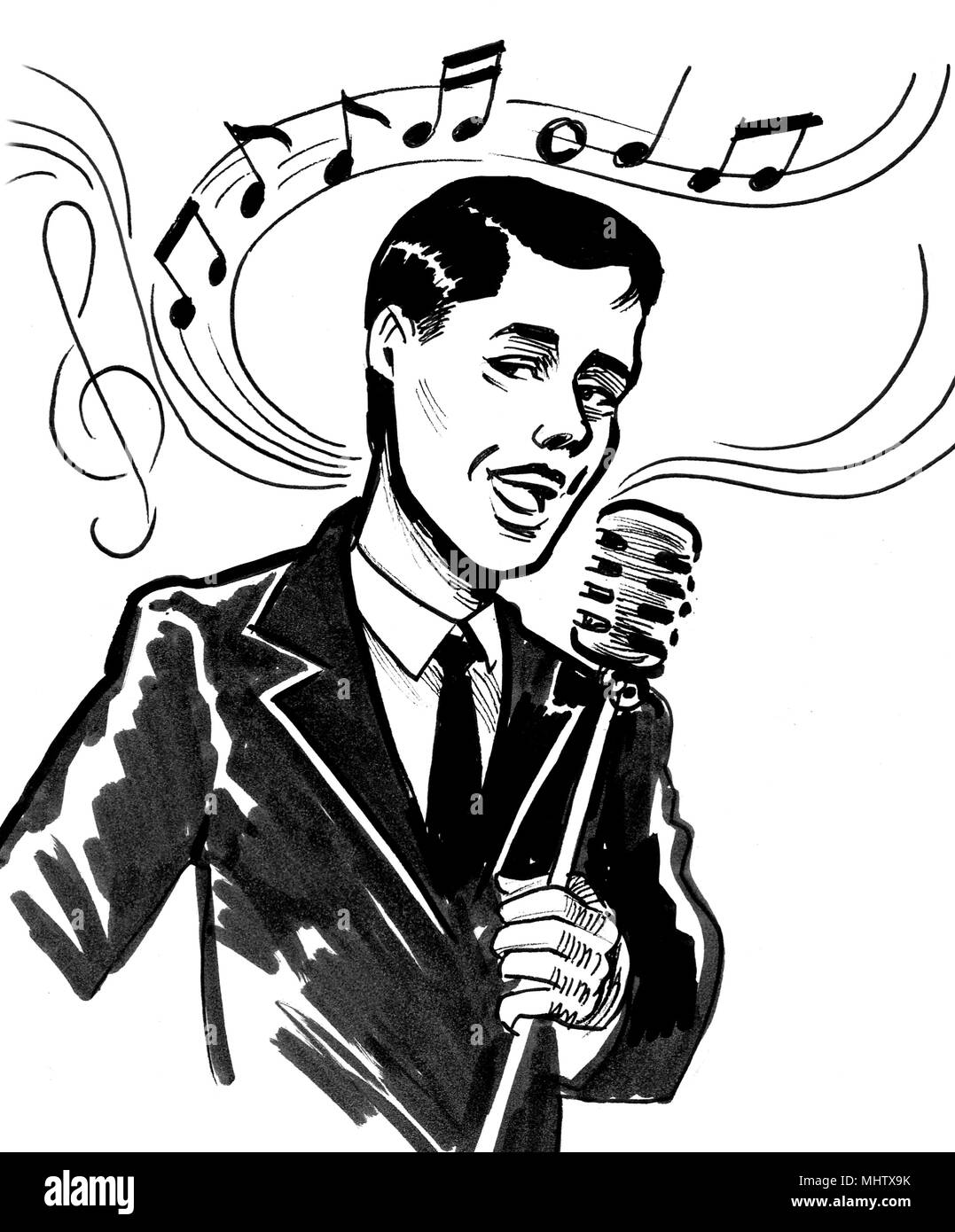 Handsome man singing. Ink black and white illustration Stock Photo - Alamy