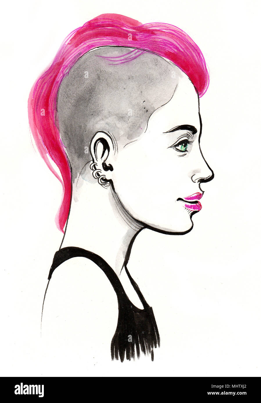 Pretty woman with a pink hair. Ink and watercolor illustration Stock ...