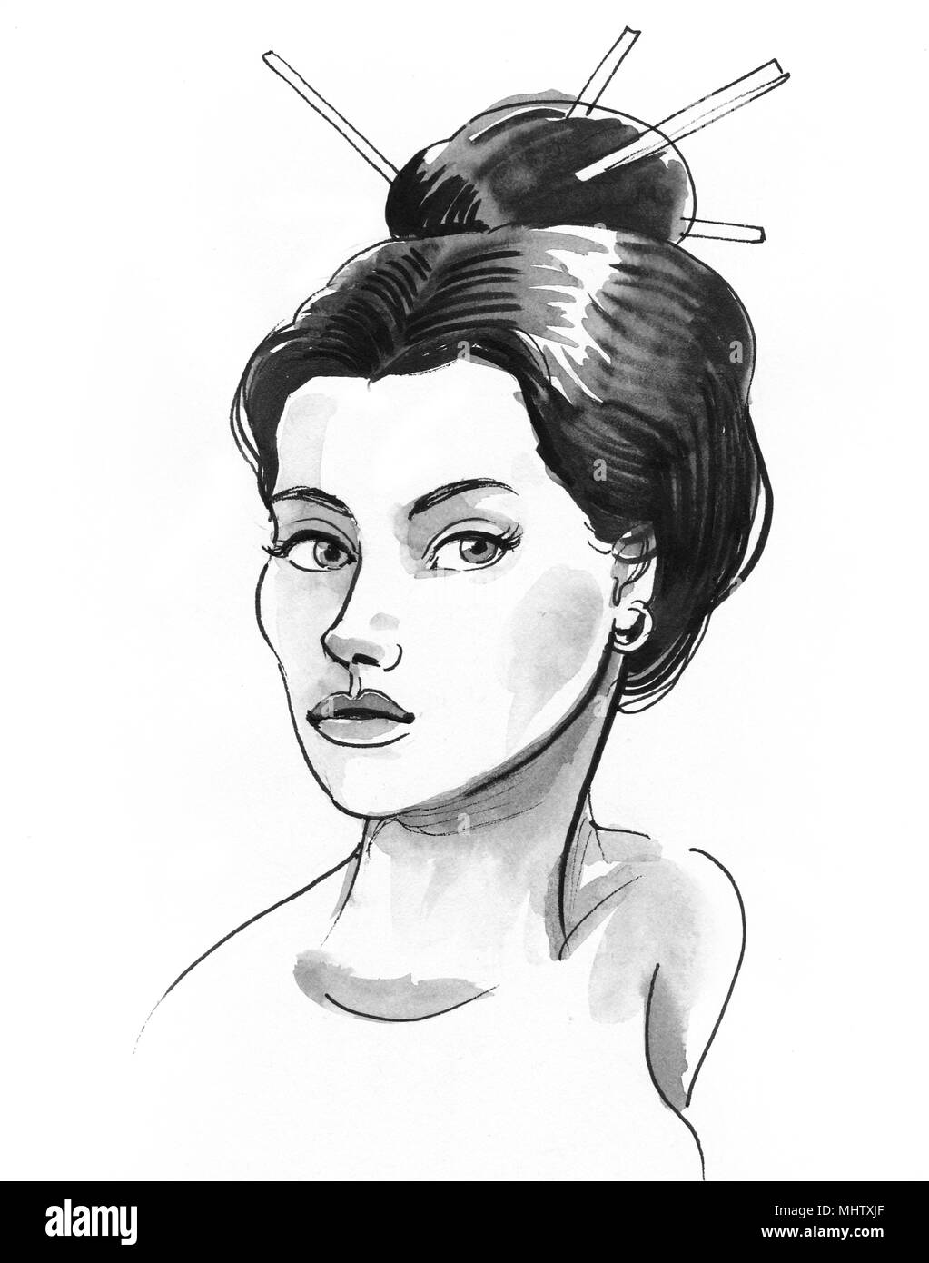 Pretty woman. Ink black and white illustration Stock Photo - Alamy