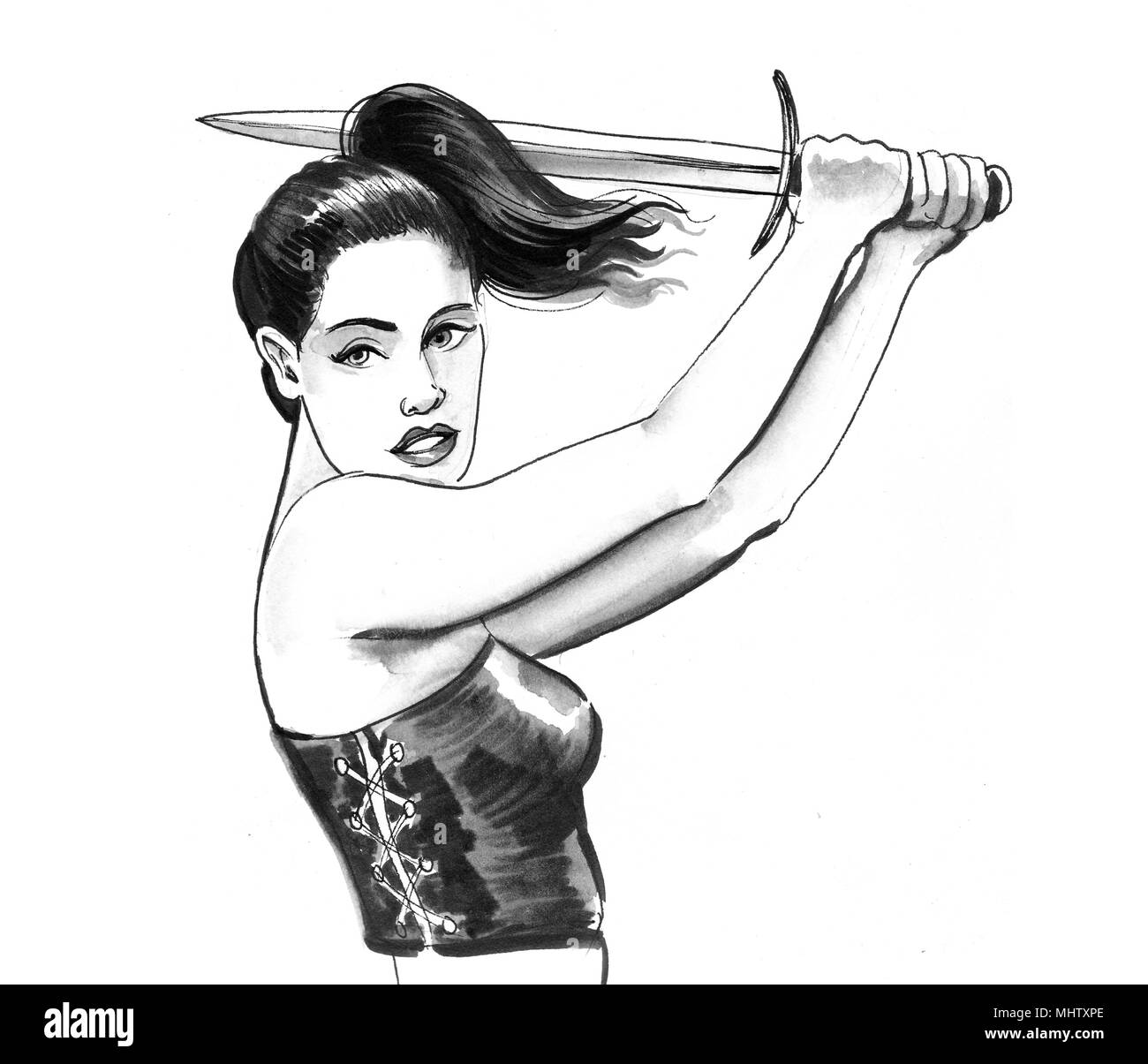 Warrior Girl With Sword Drawing