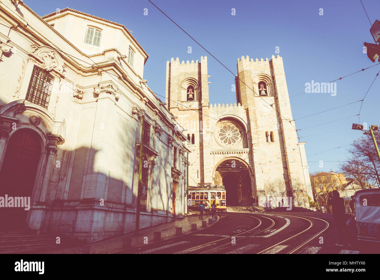 LISBON, PORTUGAL - JANUARY 16, 2018:Lisbon yellow tram on the way ...