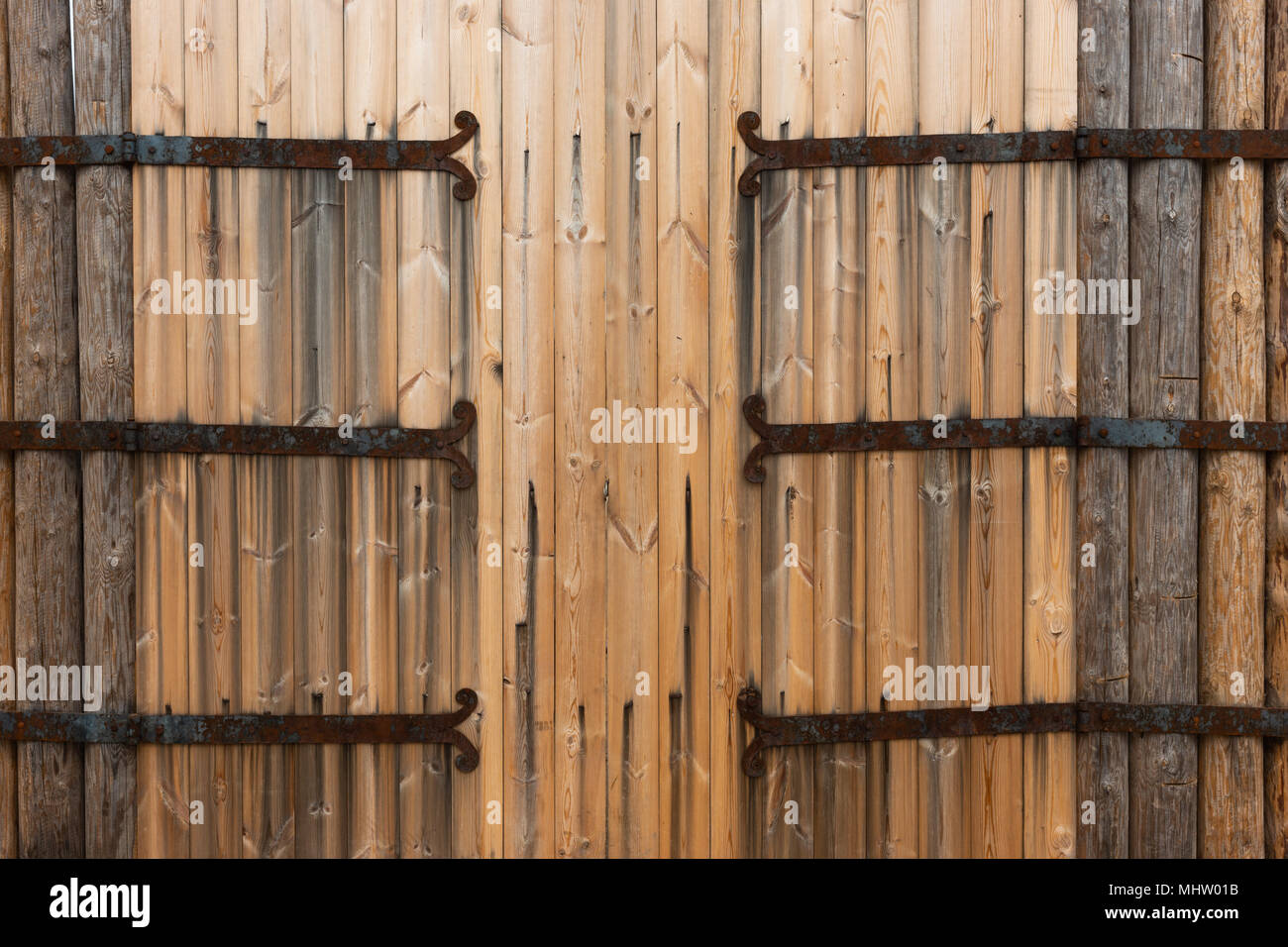 Details of a wooden gates of an ancient fort or fortress with six ...