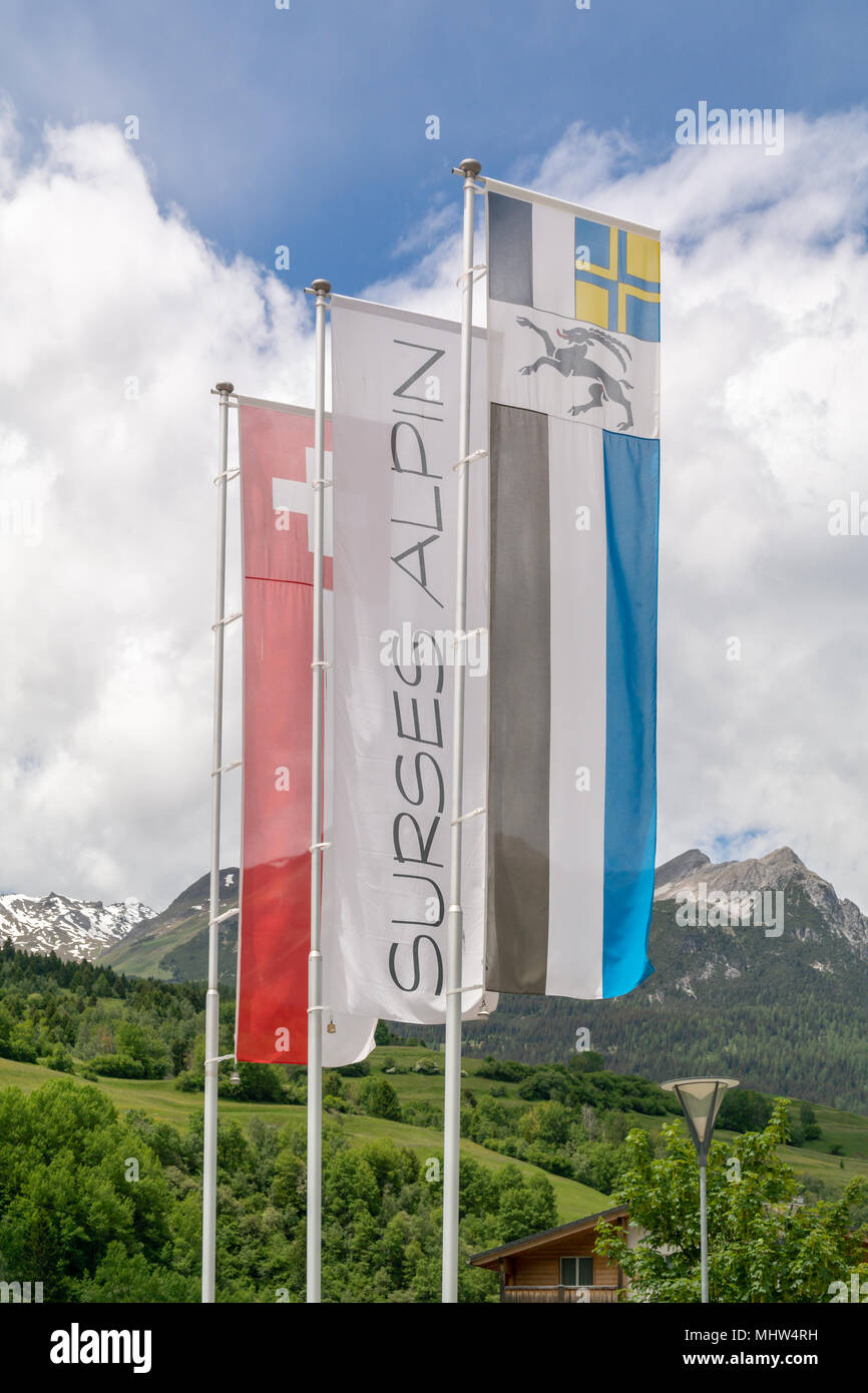 Flag of Switzerland and Graubunden at the holiday resort Surses Alpin ...