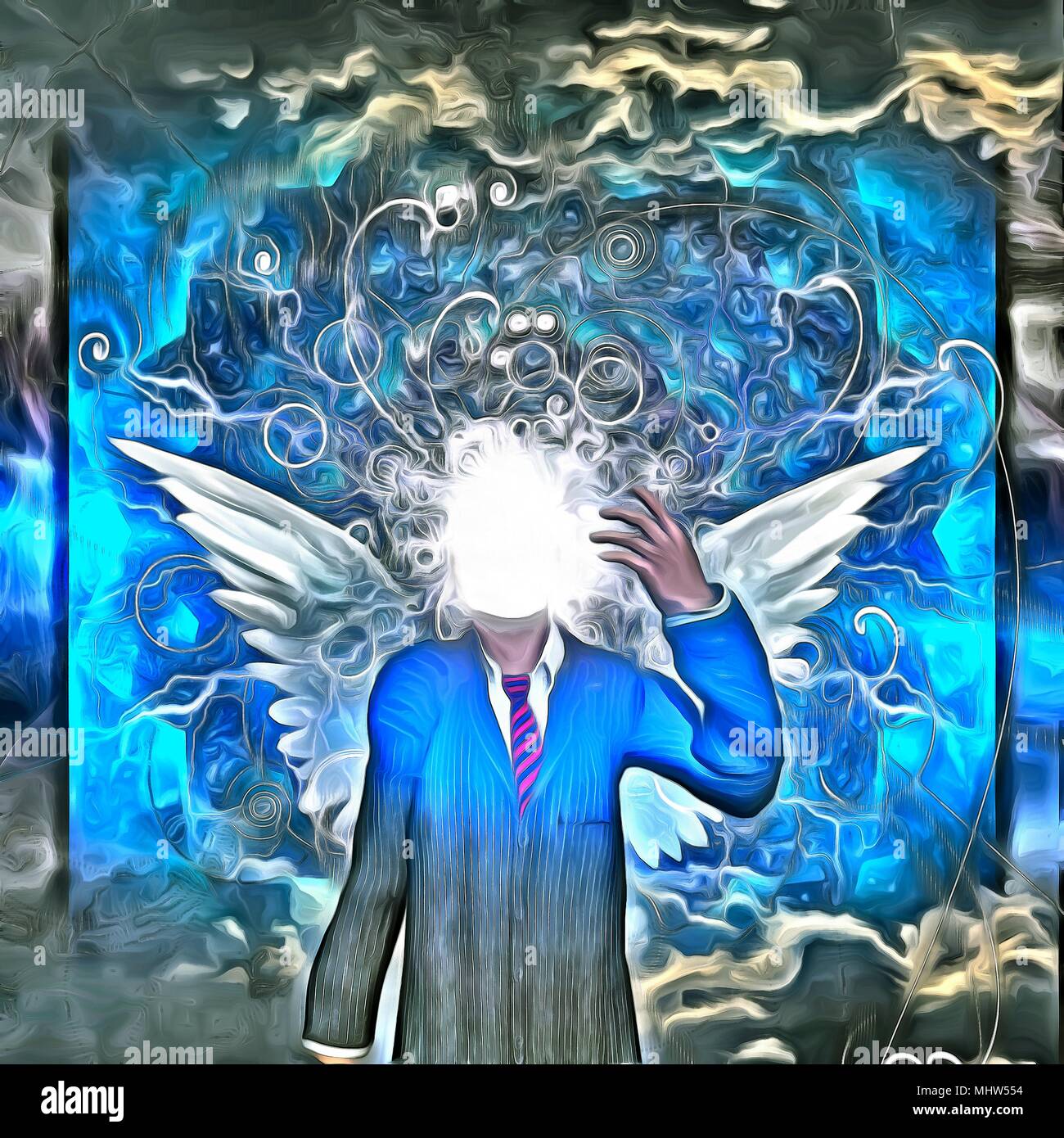 Surreal painting. Faceless man in suit with white wings. Clouds on a ...