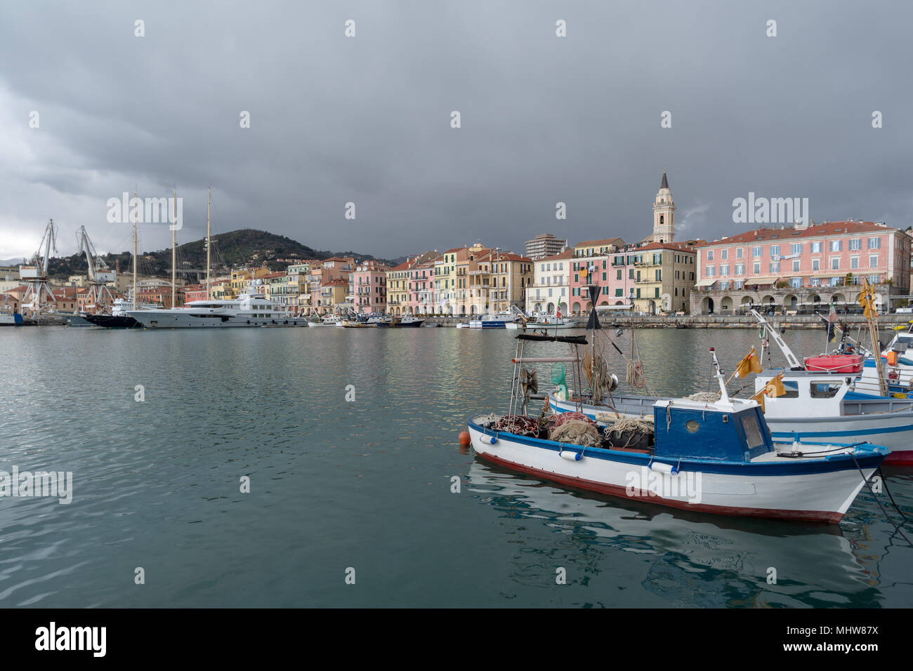 The ancient harbour with fishing boats of Imperia Oneglia, Italy Stock ...