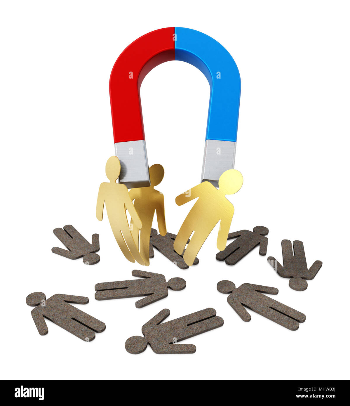 Horseshoe magnet pulling golden figures. 3D illustration Stock Photo ...