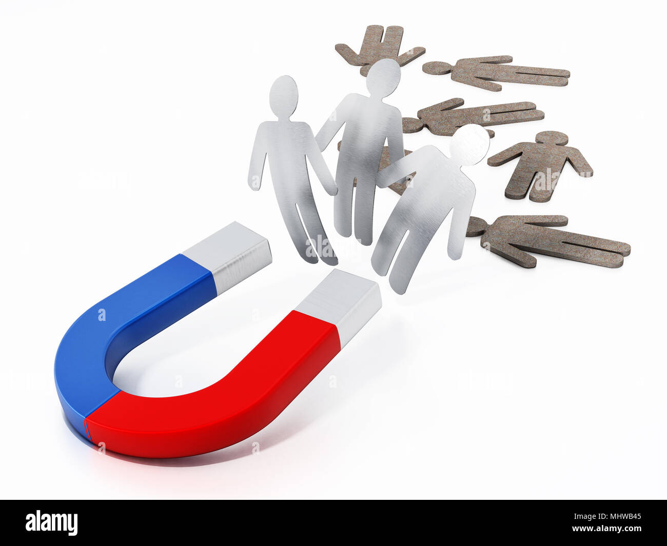 Horseshoe magnet pulling metal figures. 3D illustration Stock Photo - Alamy