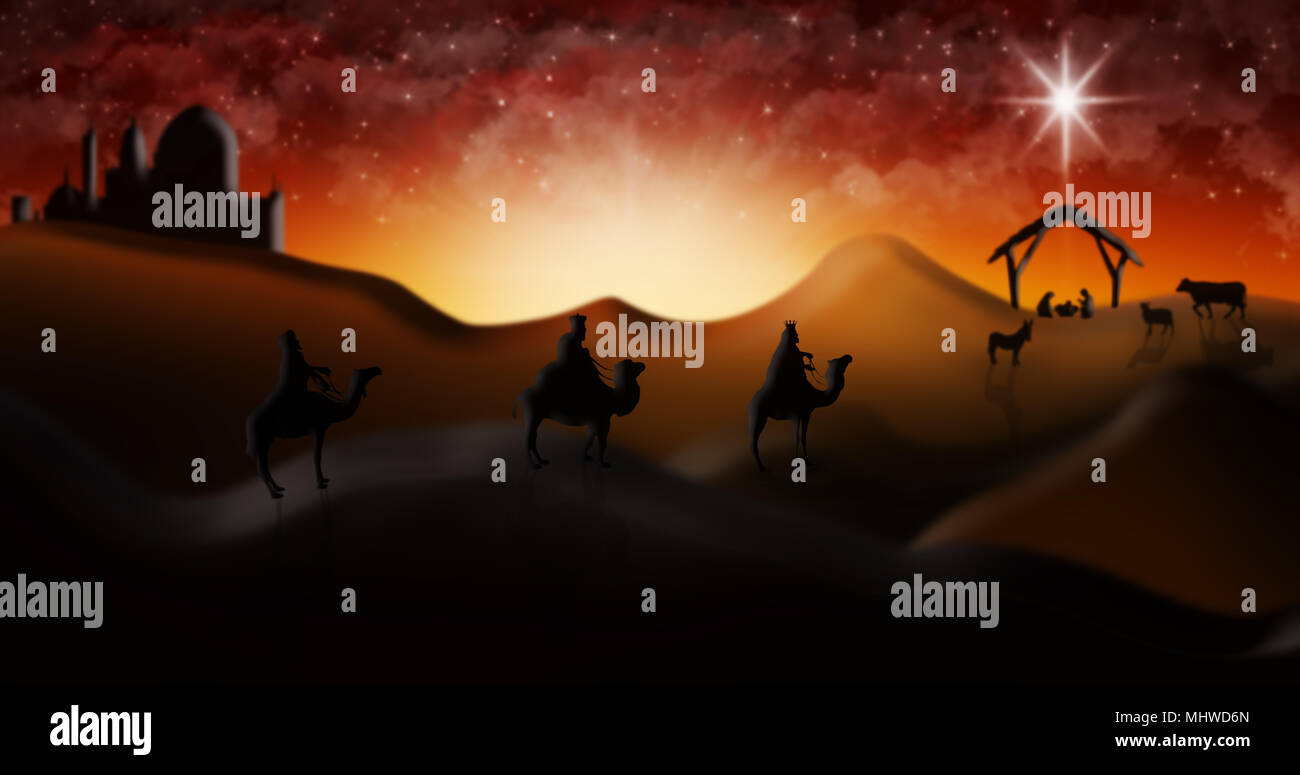 Christmas Nativity Scene Of Three Wise Men Magi Going To Meet Baby ...