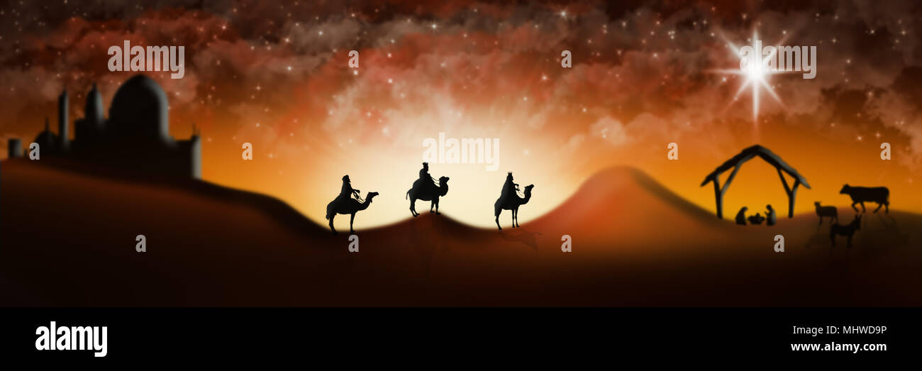 Christmas Nativity Scene Of Three Wise Men Magi Going To Meet Baby ...