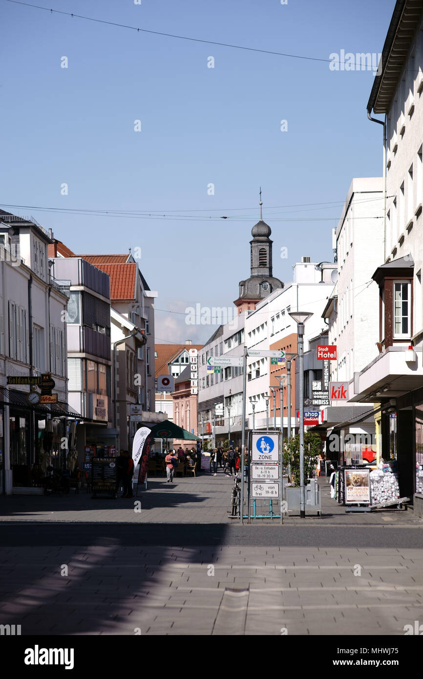 Ruesselsheim, Germany - April 11, 2018: Pedestrians and passers-by go ...