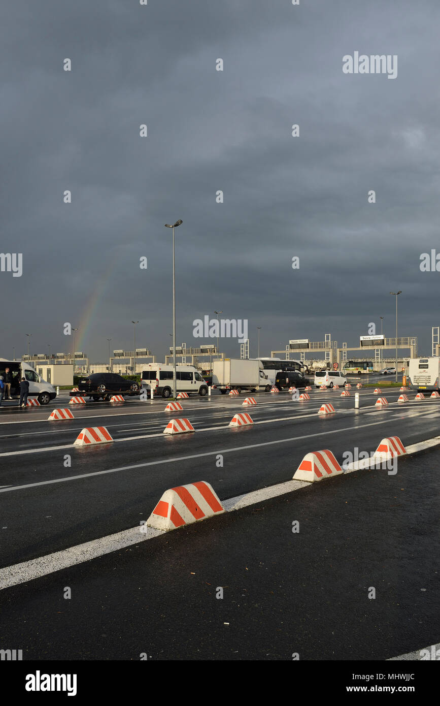 Rainbow over the Eurotunnel Calais Terminal, Coquelles, France Stock ...