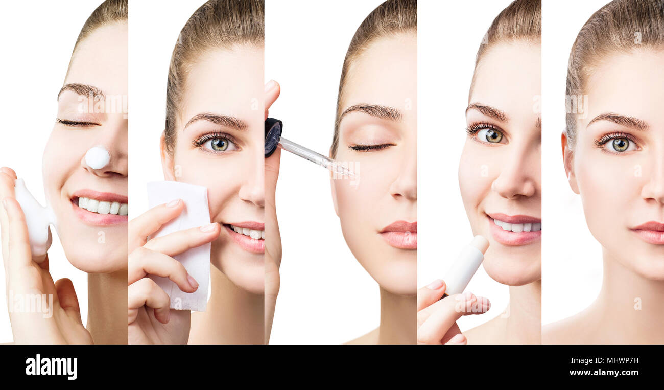 beautiful woman using different cosmetics procedures for beauty Stock ...