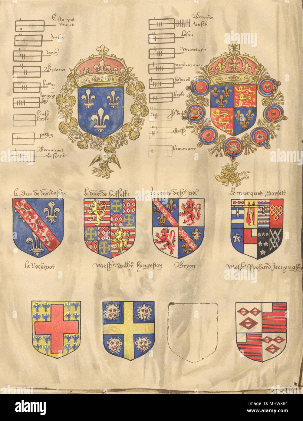 ENGLAND. Heraldry; Roll of Arms scores jousting tournament field cloth ...