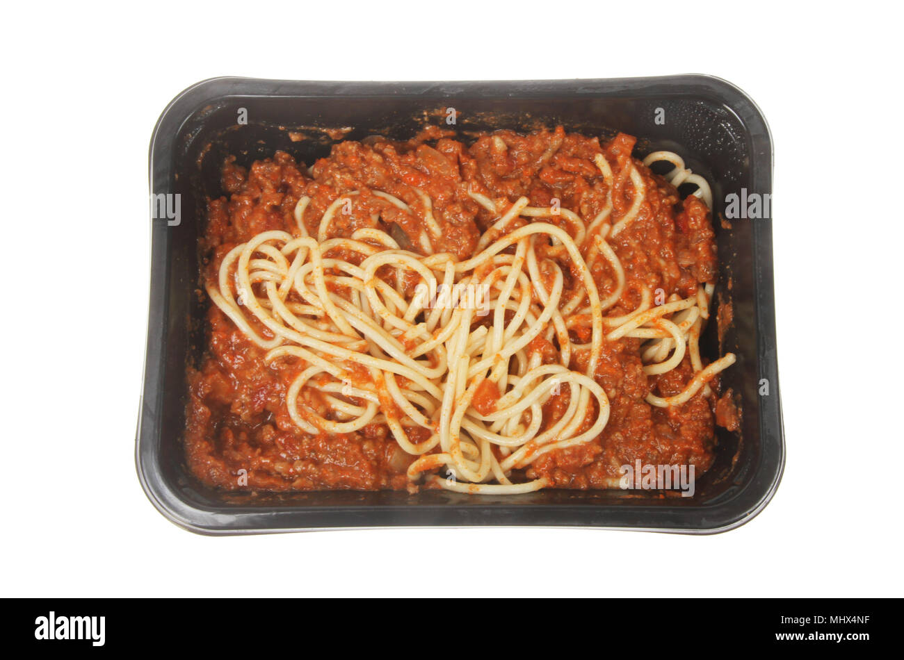 Spaghetti bolognese in a plastic carton isolated against white Stock ...
