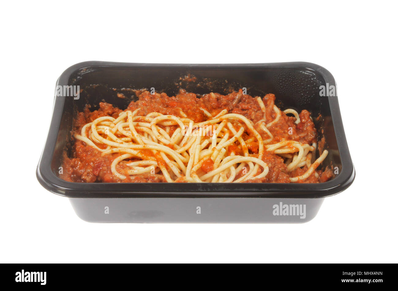 Spaghetti Bolognese in a plastic carton isolated against white Stock ...