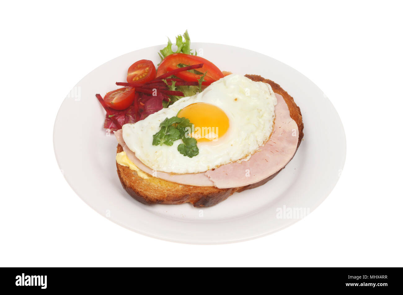 Fried egg and ham on toasted rustic bread with salad on a plate ...