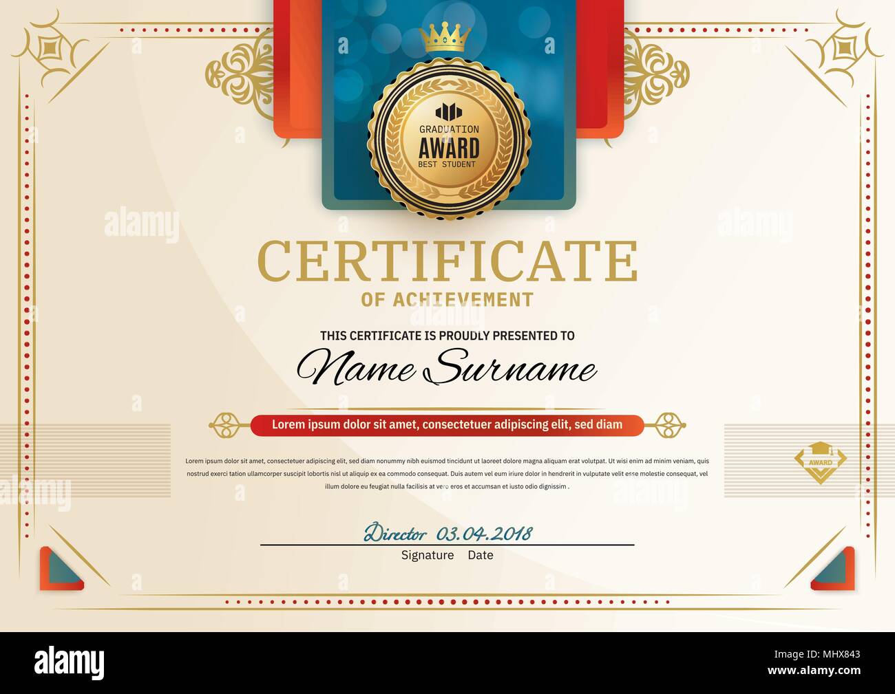 Official certificate with red turquoise square design elements. Red ...