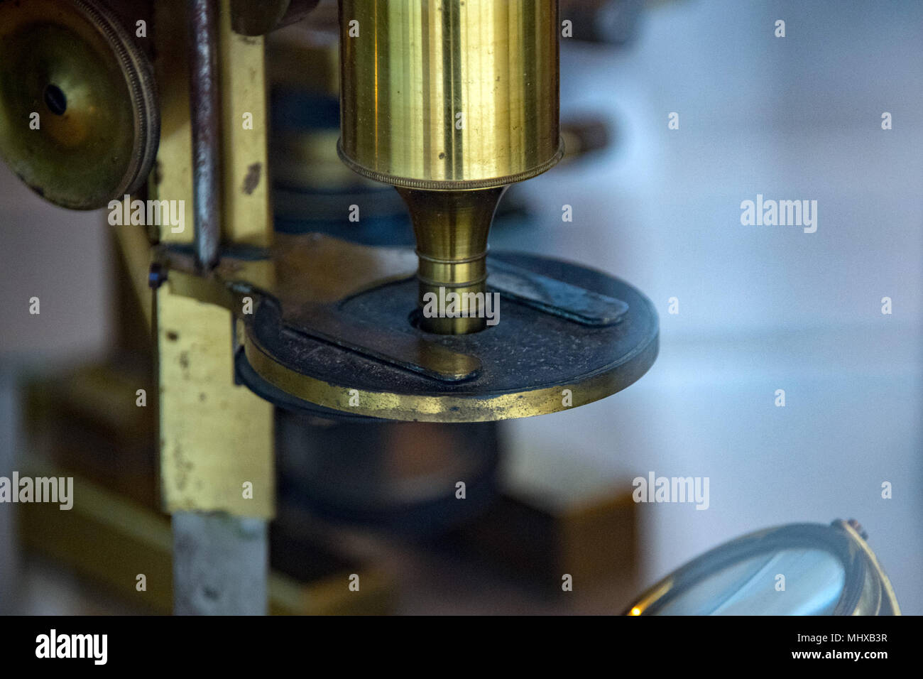 vintage Old ancient microscope detail close up Stock Photo - Alamy