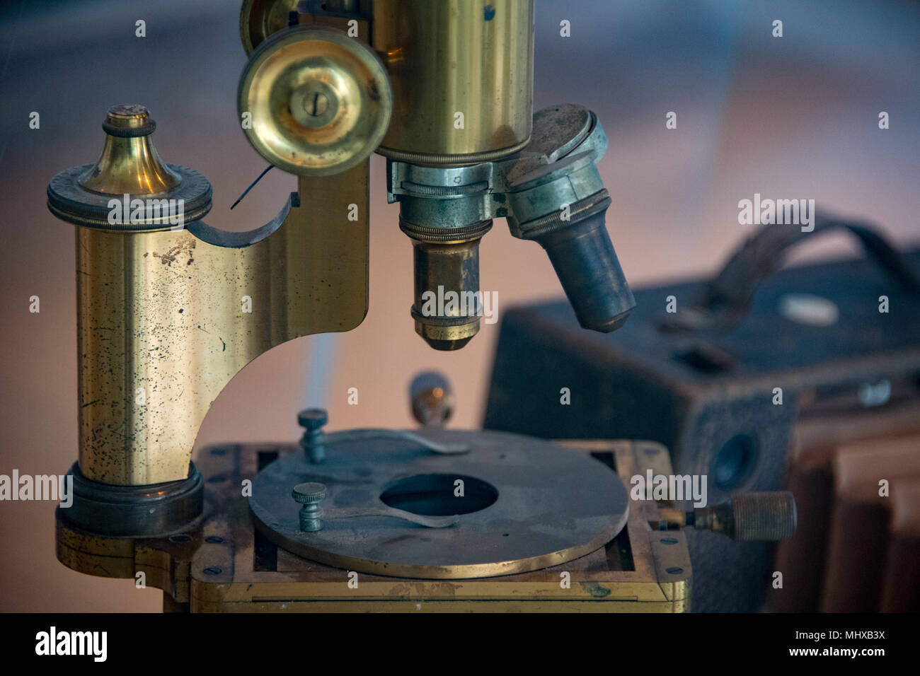 vintage Old ancient microscope detail close up Stock Photo - Alamy