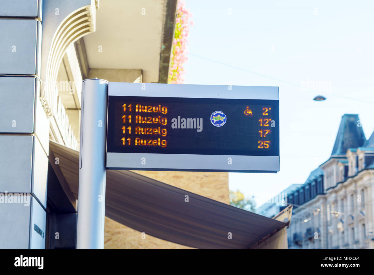 Zurich, Switzerland - October 16, 2017: Public transport stop, busses ...
