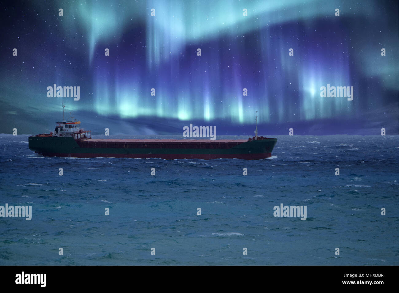 ship in northern lights background with sea in tempest Stock Photo - Alamy