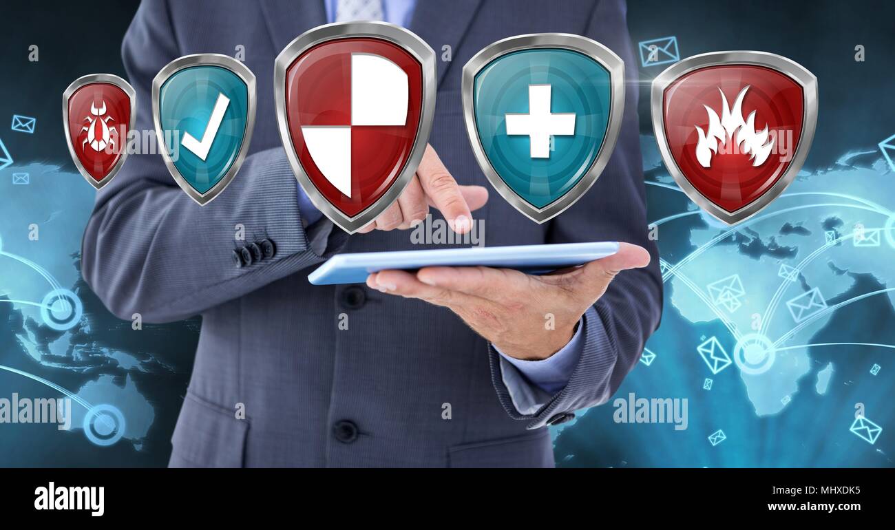 Antivirus security protection shields and man with tablet Stock Photo ...