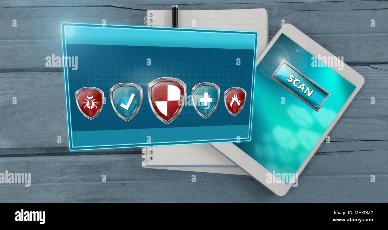 Antivirus security protection shields emerging from tablet scan Stock ...