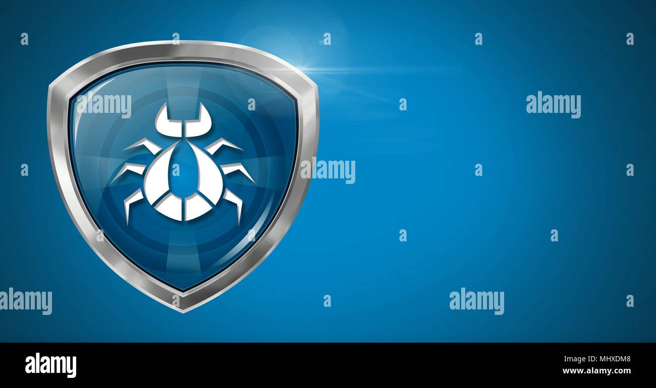 Bug security shield and blue background Stock Photo - Alamy