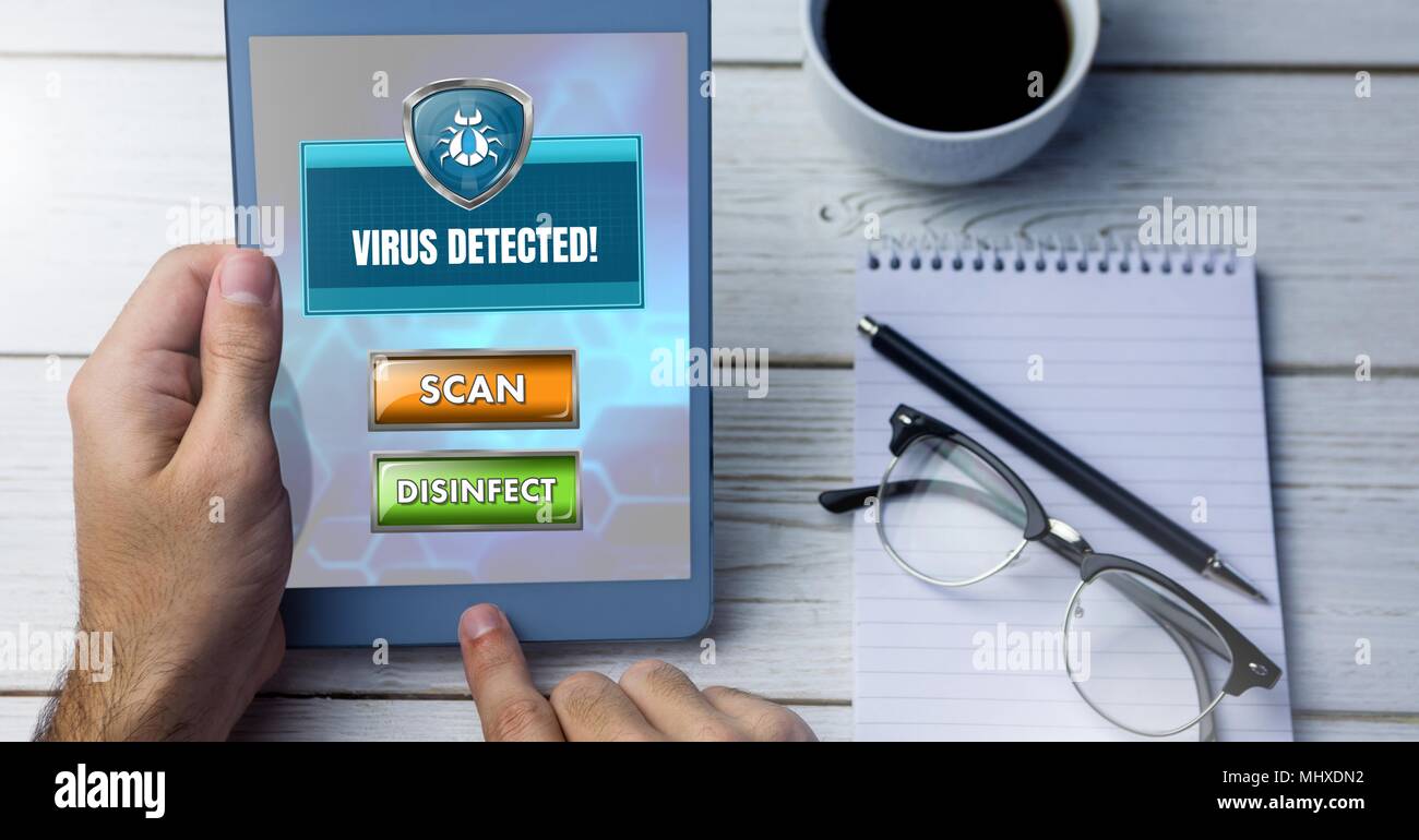 Virus detection shield protection with scan button Stock Photo - Alamy