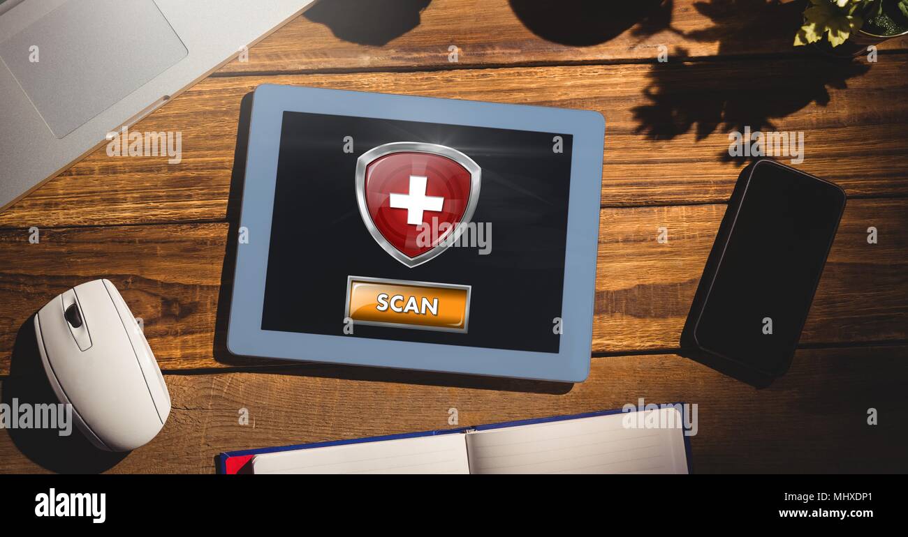 Health and security protection shield on laptop with scan button Stock ...