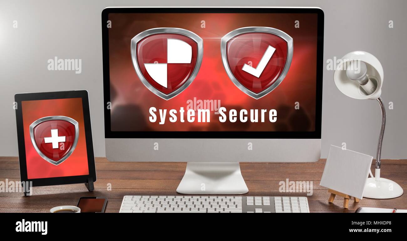 Antivirus security protection shields on computer system Stock Photo ...