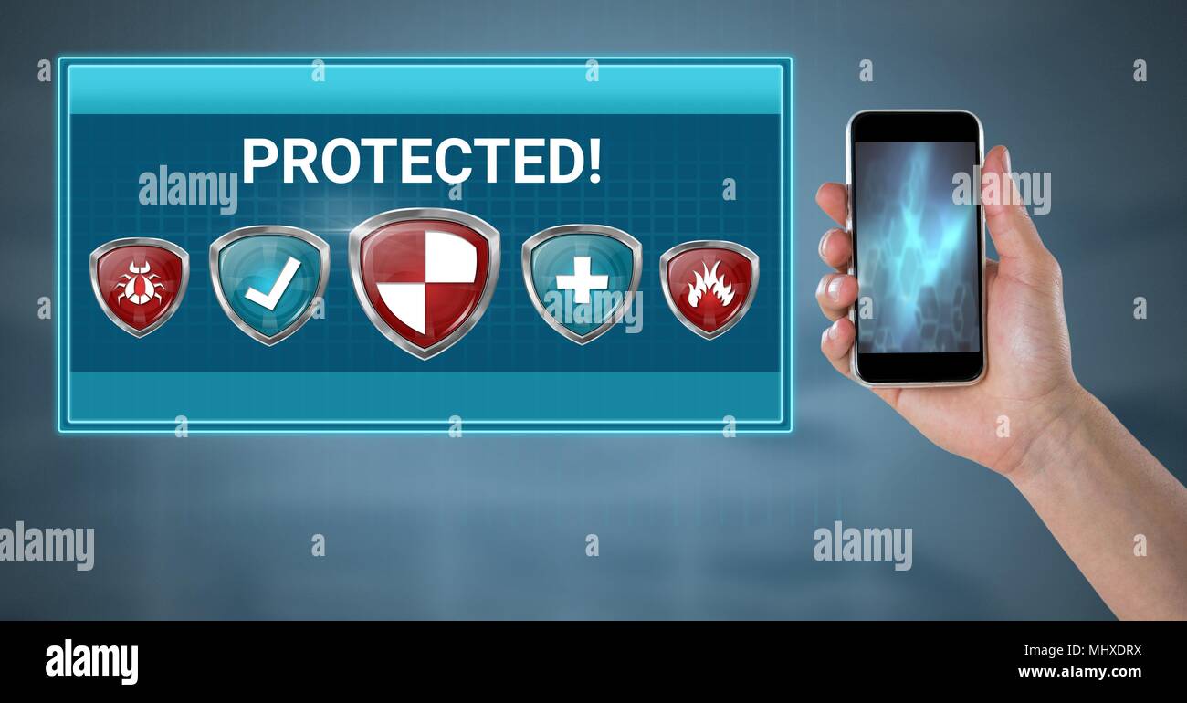 Antivirus security protection shields and hand holding phone Stock ...