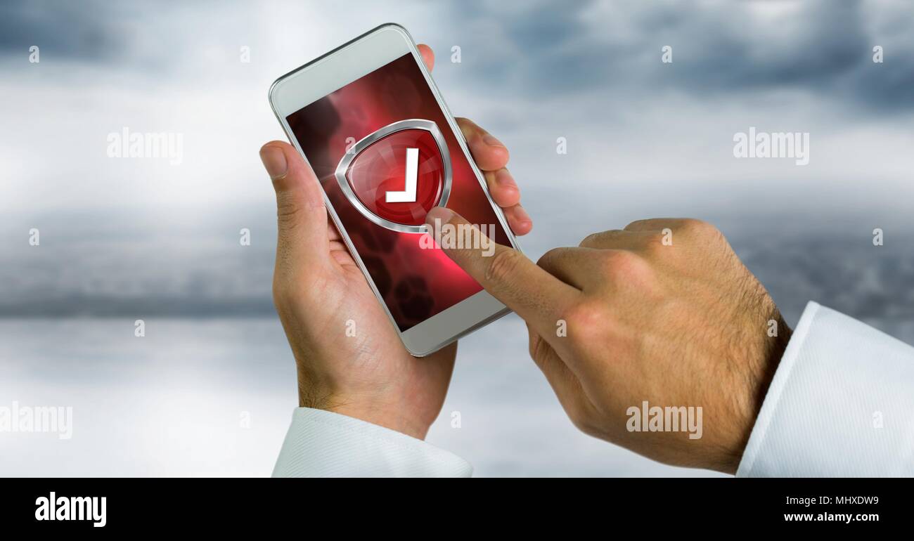 Correct tick shield on phone and hand touching it Stock Photo - Alamy