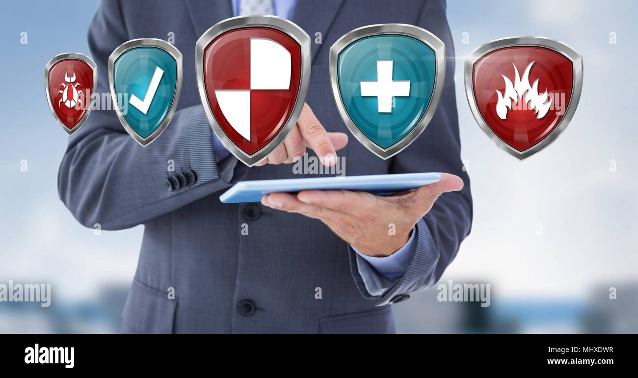 Antivirus security protection shields and man holding tablet Stock ...