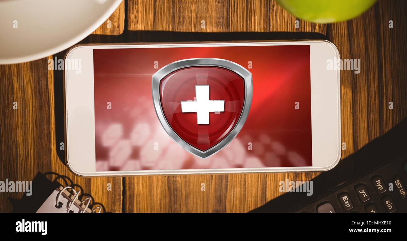 Health shield icon on phone Stock Photo - Alamy
