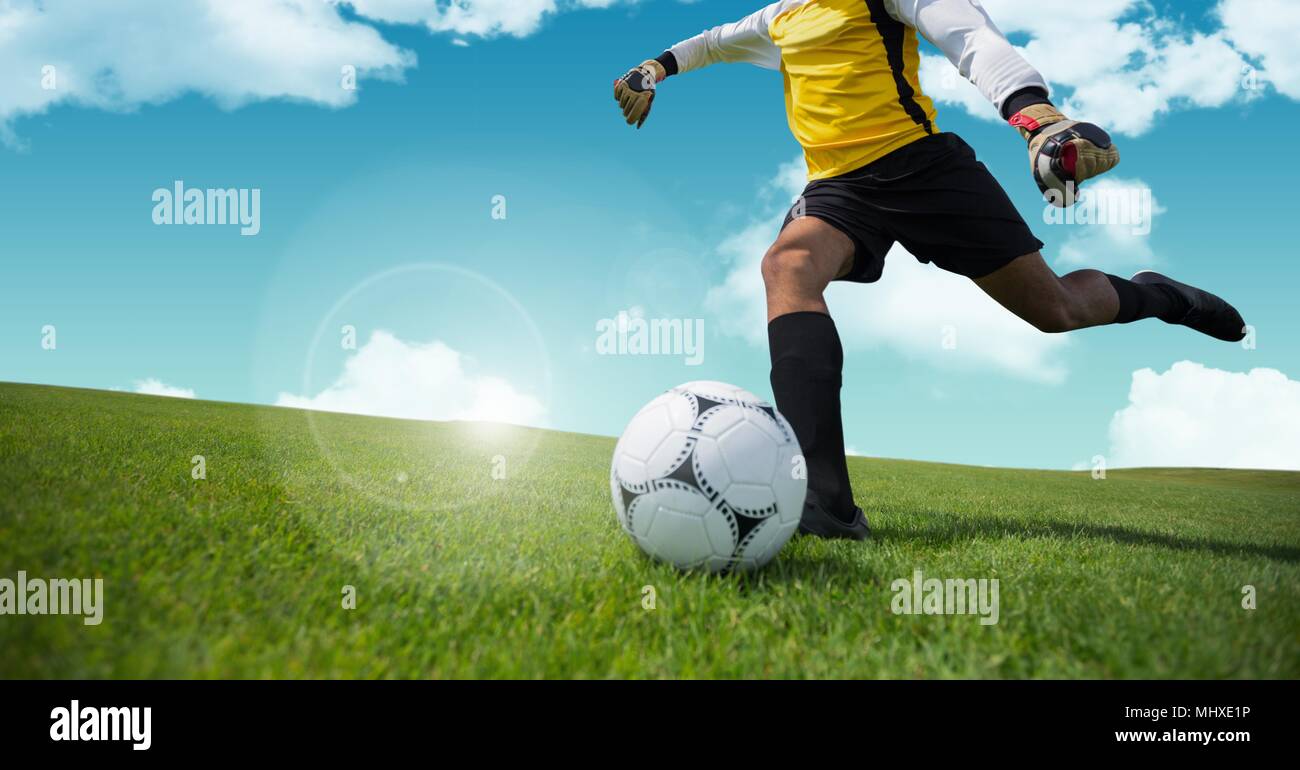 Goalkeeper kicking football on grass Stock Photo - Alamy