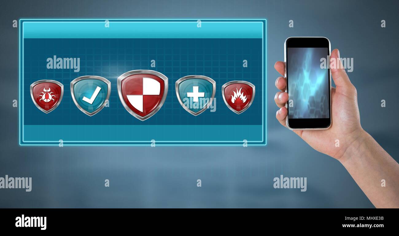 Antivirus security protection shields in box and hand holding phone ...