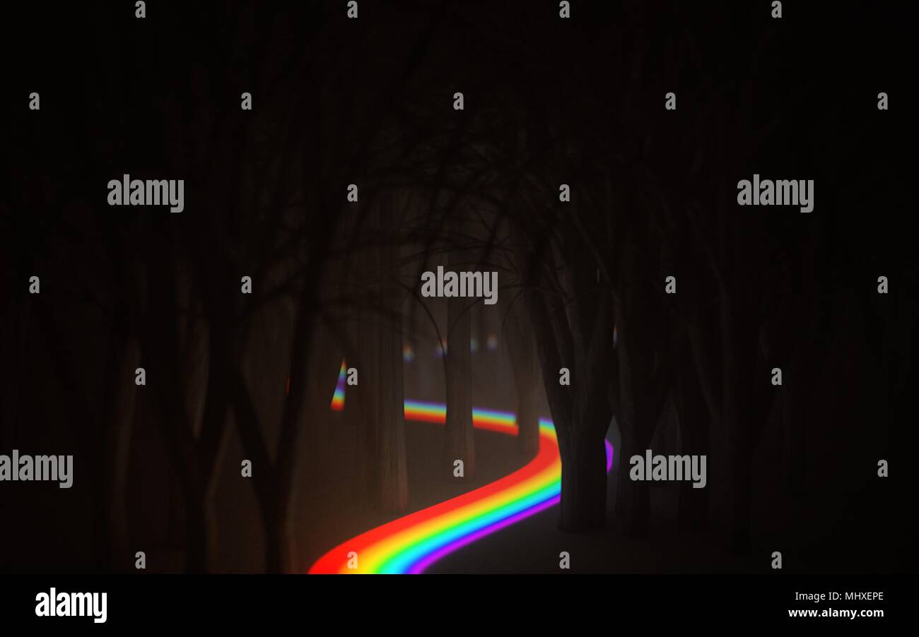 rainbow way through the dark forest, 3d illustration Stock Photo - Alamy