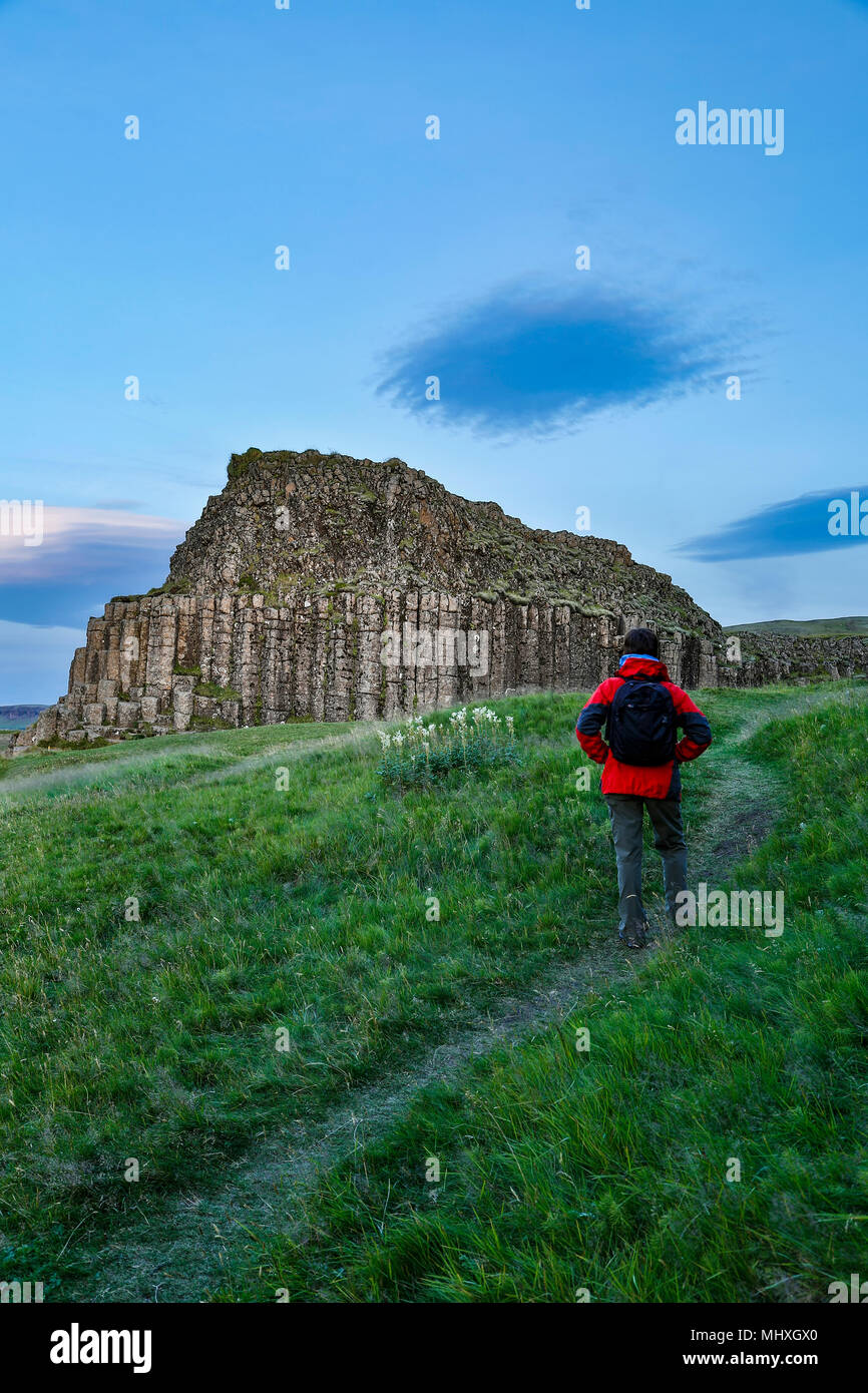 Columnar basalt outrcop and hiker on trail, Dverghamrar (Dwarf Cliffs ...