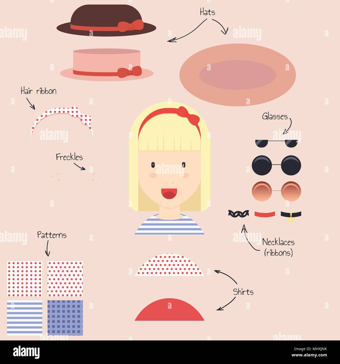 Create your avatar. Vector girl character with different accessories ...