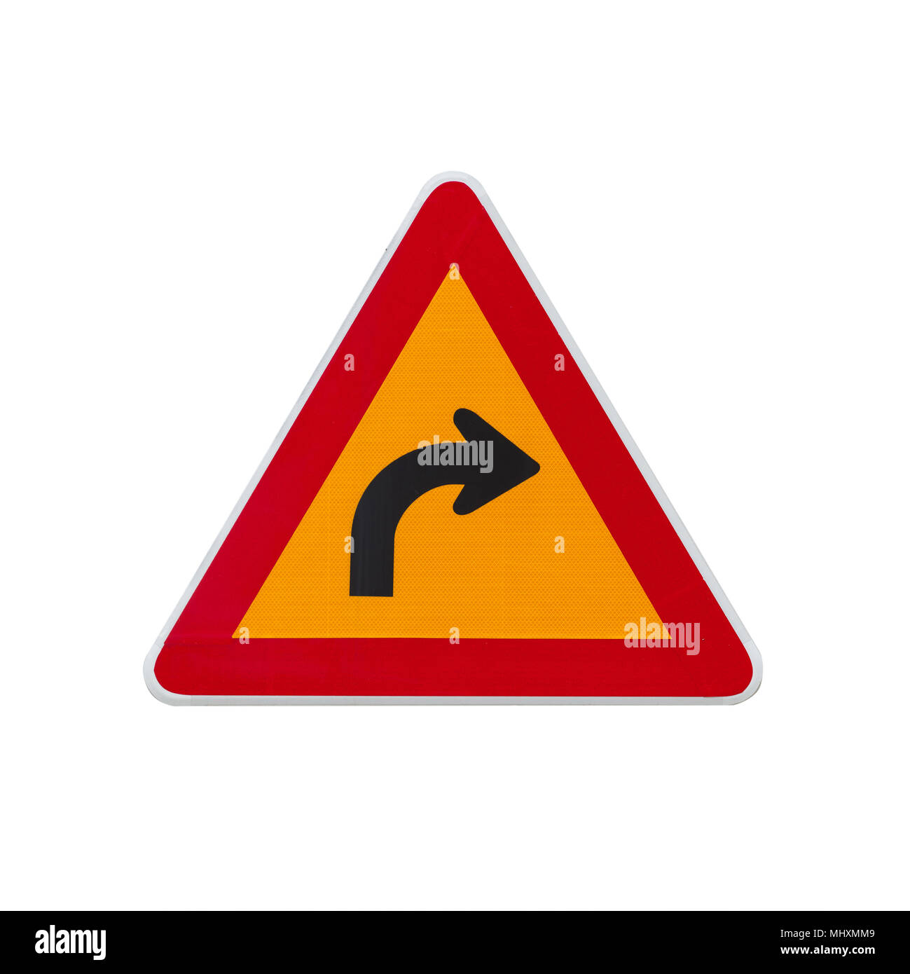 Dangerous turn right, warning traffic sign isolated on white background ...