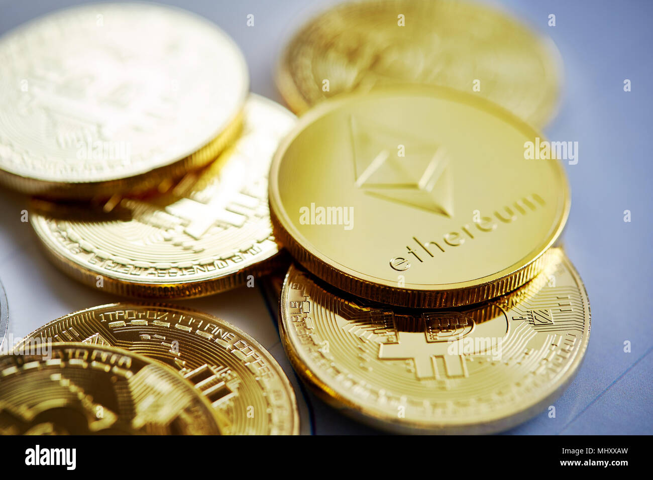 Bitcoin cryptocurrency on the chart background, close-up, shallow depth ...