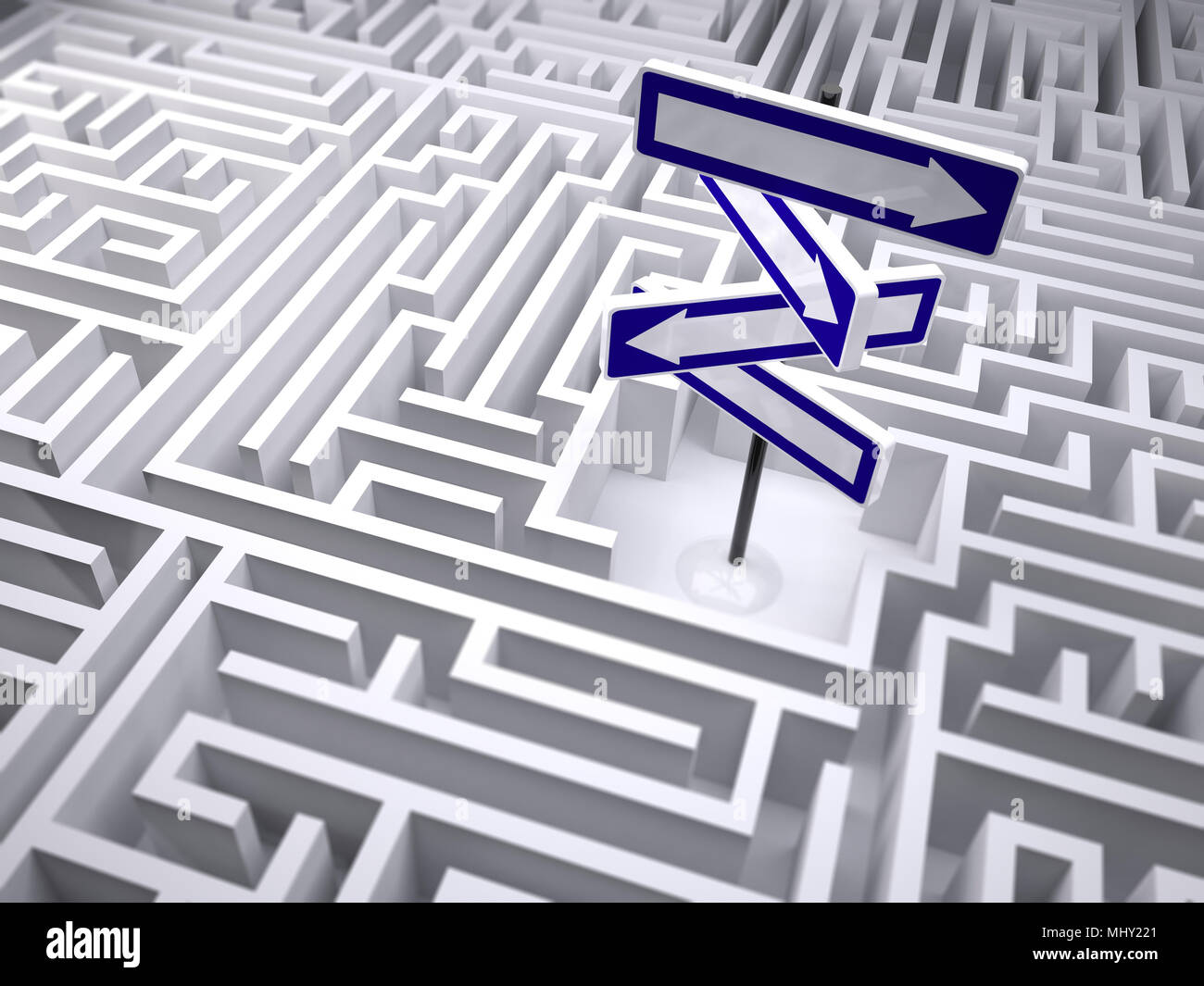 labyrinth with direction traffic sign inside, blurred background 3d ...
