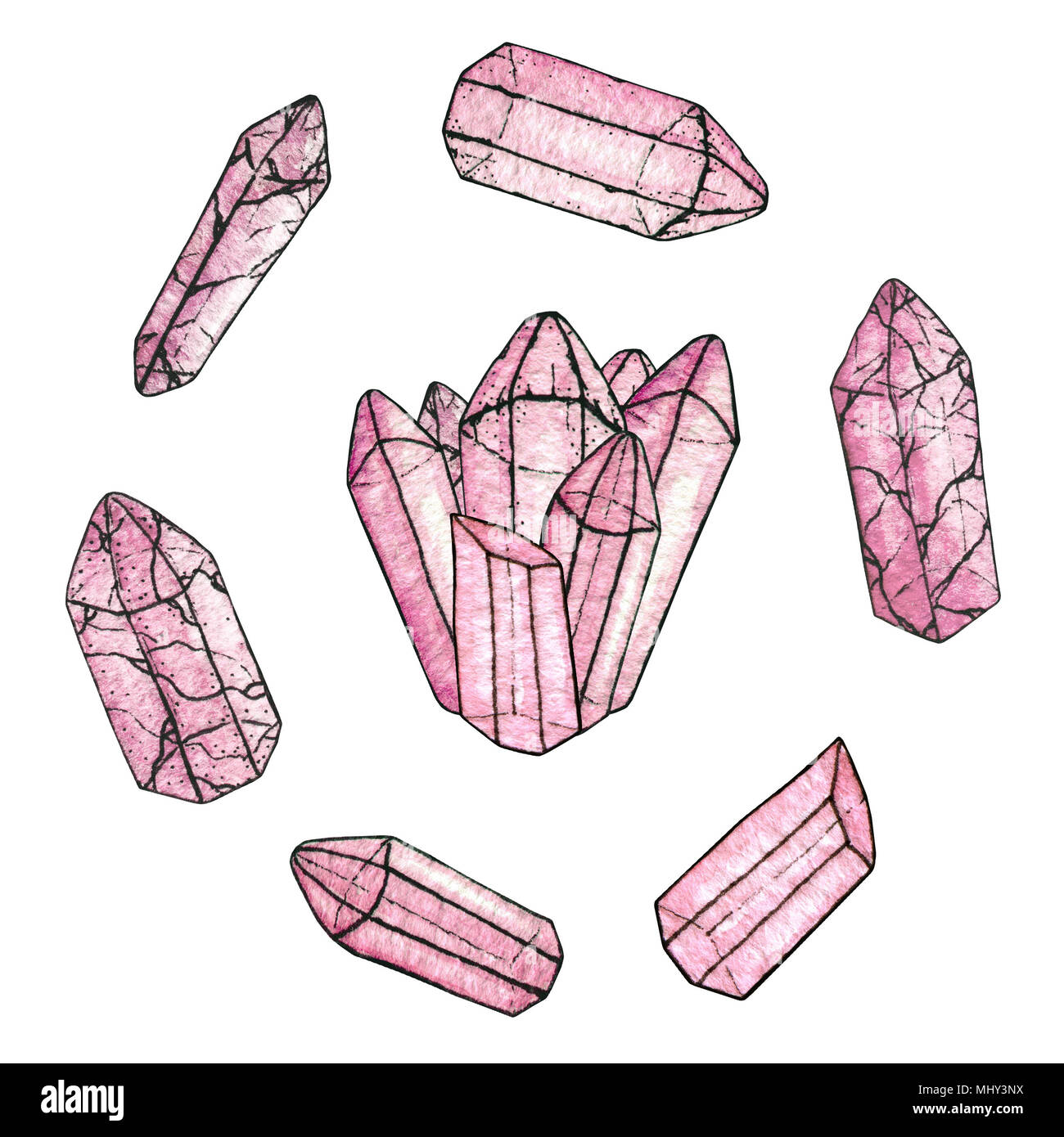 Set of watercolor and ink hand painted pink gems and a group of ...