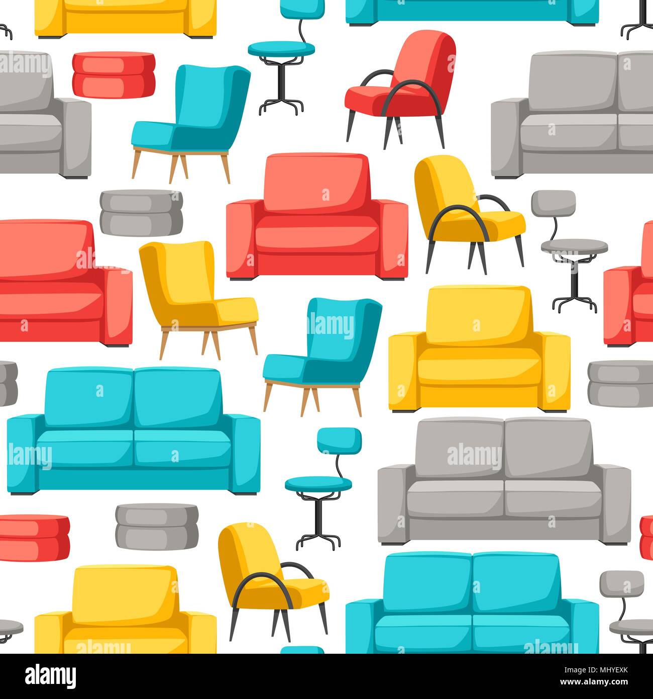 Interior and furniture seamless pattern. Sofa armchair and pouf Stock ...