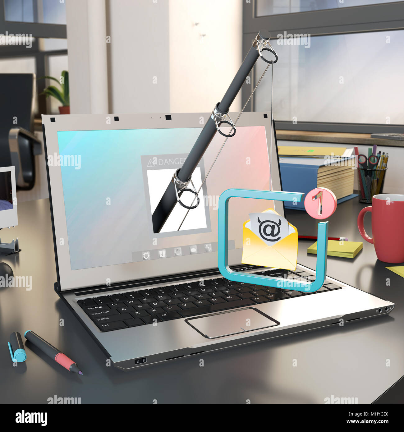 fishing rod with hostile email popping out from a computer screen in an ...