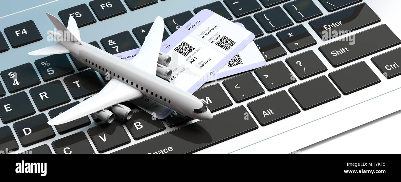 Online booking and checkin. Airplane and two boarding passes, on ...